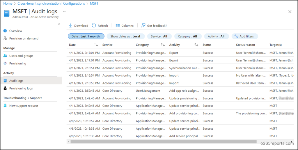 Audit logs for cross-tenant synchronization - Office 365 Reports