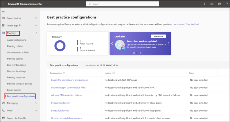 Best Practice Configurations Dashboard for Microsoft Teams Meetings